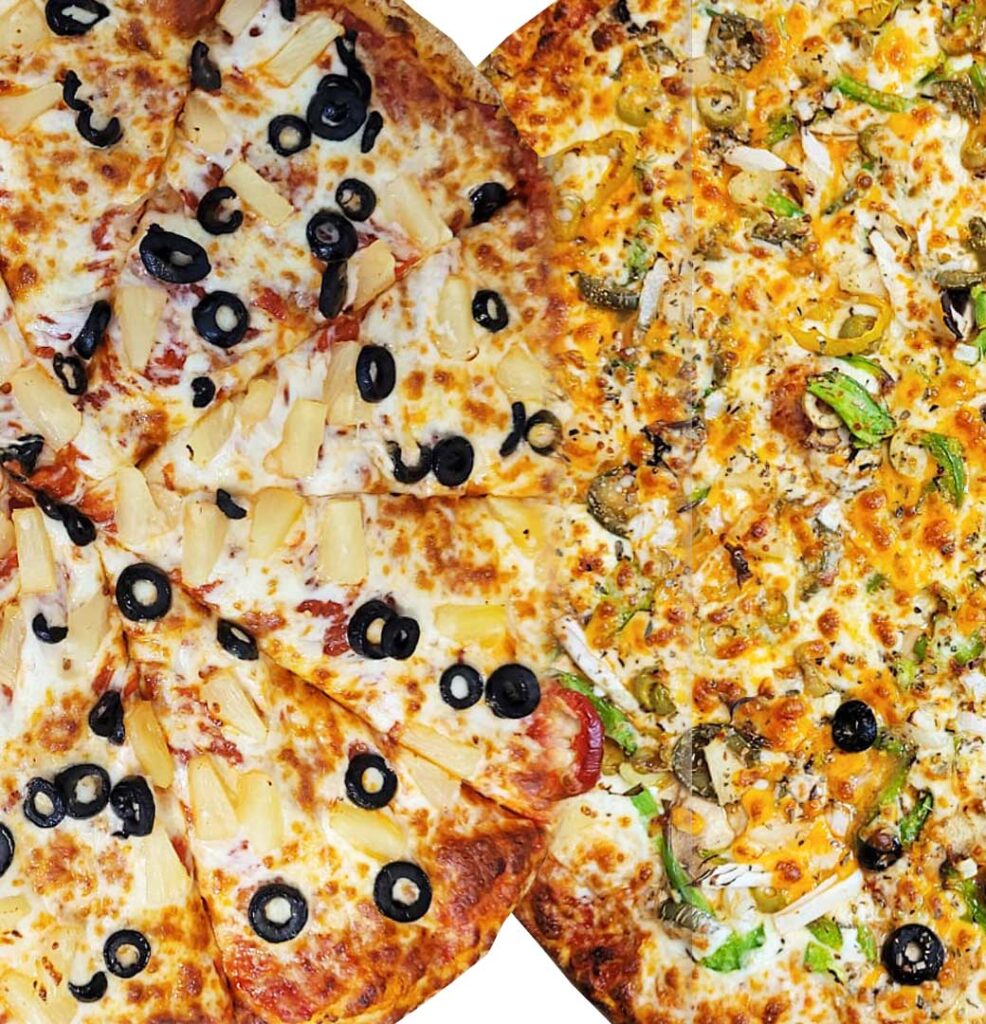 Double Pizza, 3 Topping Each with 2 Dip